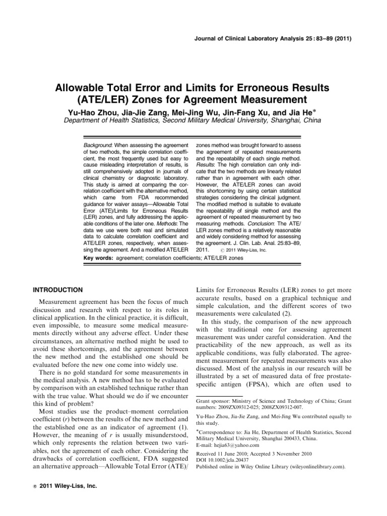 Allowable Total Error and Limits for Erroneous Results (ATE/LER) zones for agreement measurement ...