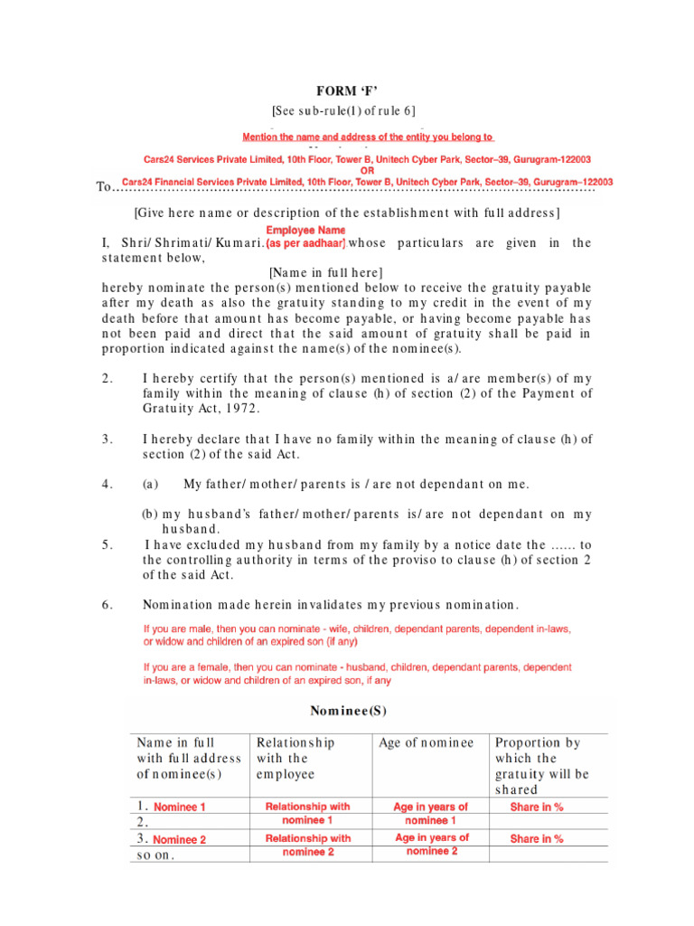 Sample - Gratuity Form F | PDF