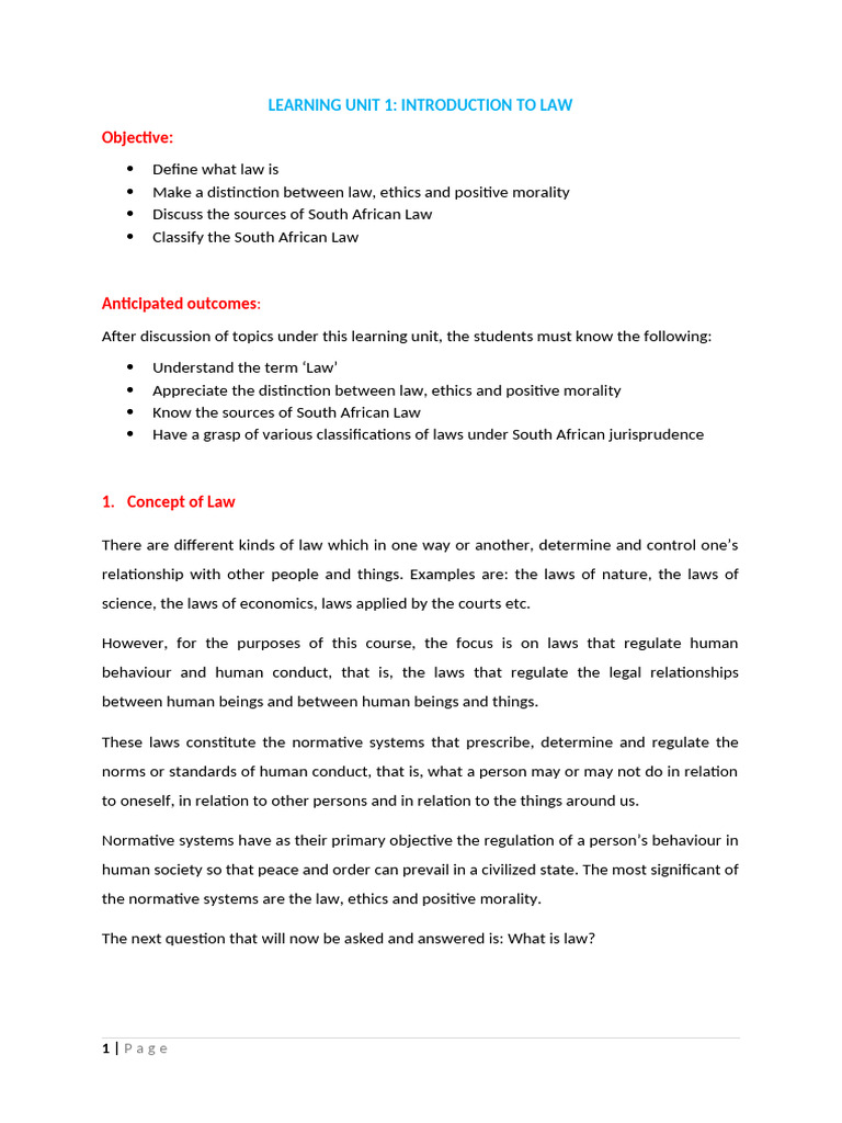Learning Unit 1 Introduction To Law | PDF | Precedent | International Law
