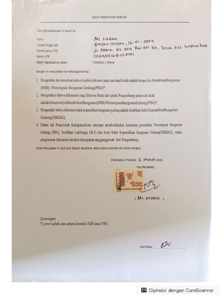 Surat Pernyataan Debitur | PDF