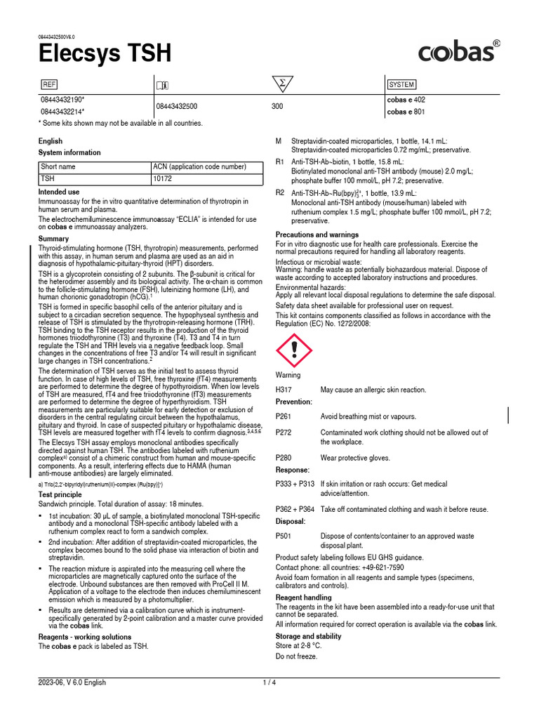 Insert - Elecsys TSH.08443432500.V6.en | PDF | Thyroid Stimulating Hormone | Detection Limit