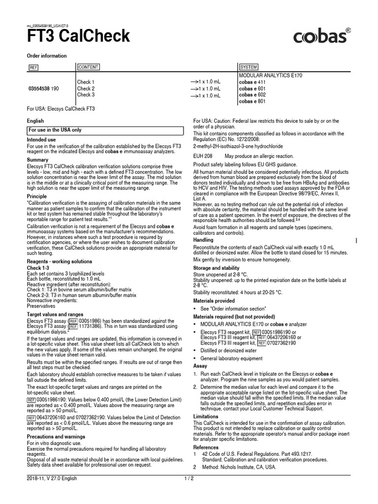 Insert - ft3 CalCheck - Ms 03554538190 USA.V27.En | PDF | Assay ...