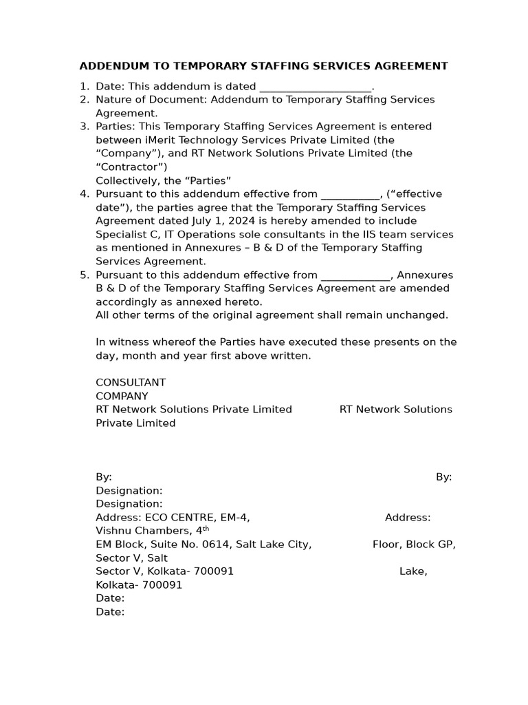 Addendum To Temporary Staffing Services Agreement | PDF