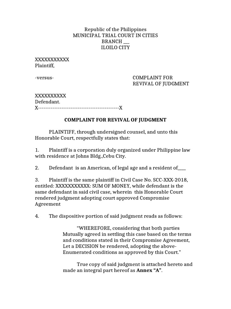 Revival of Judgment Complaint | PDF