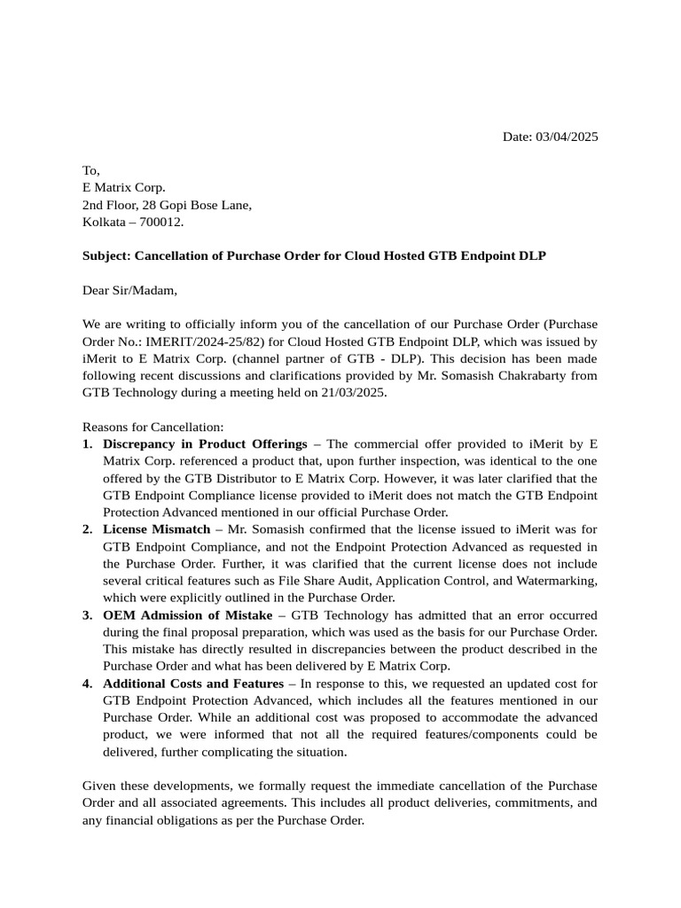 Cancellation of Purchase Order | PDF