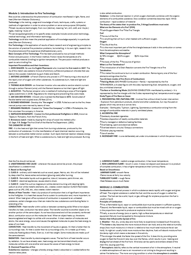 MODULE 1 TO 6 FIRE TECHNOLOGY AND ARSON INVESTIGATION | PDF | Fires | Combustion