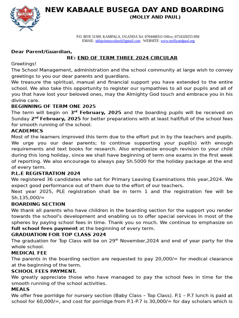 End of Term 3 Circular 2024 | PDF
