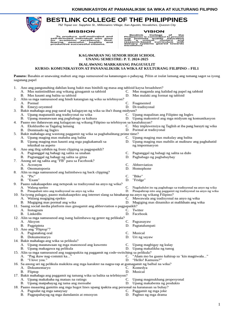 Fil1 2nd Quarter Exam | PDF