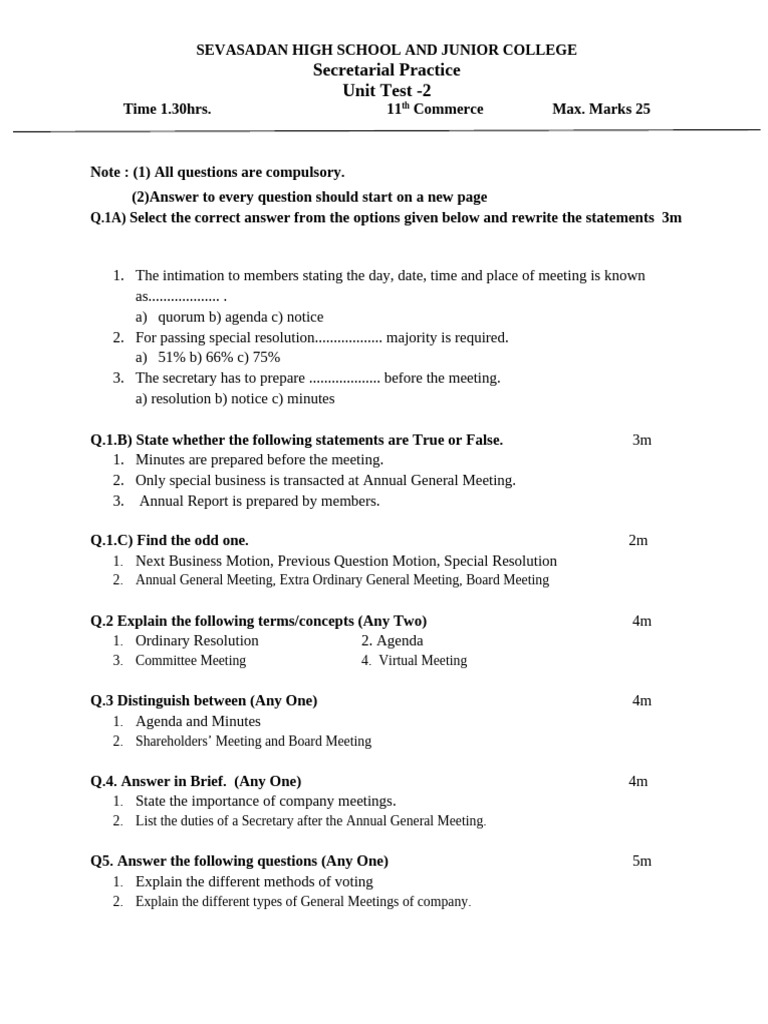 Unit Test: Secretarial Practice 11th Commerce | PDF