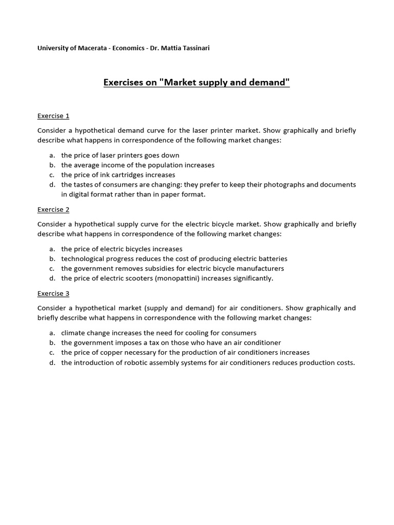 Market Supply and Demand Exercises | PDF | Demand | Economic Equilibrium