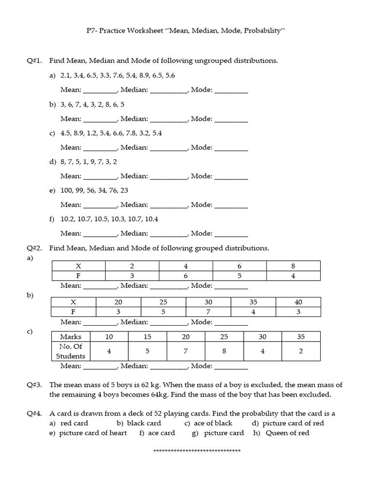 Mean, Median, Mode Practice Worksheet | PDF