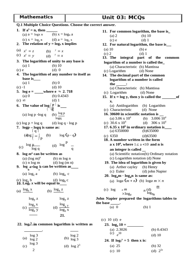 9th Science Unit 03 Mcqs PTB | PDF | Logarithm | Combinatorics