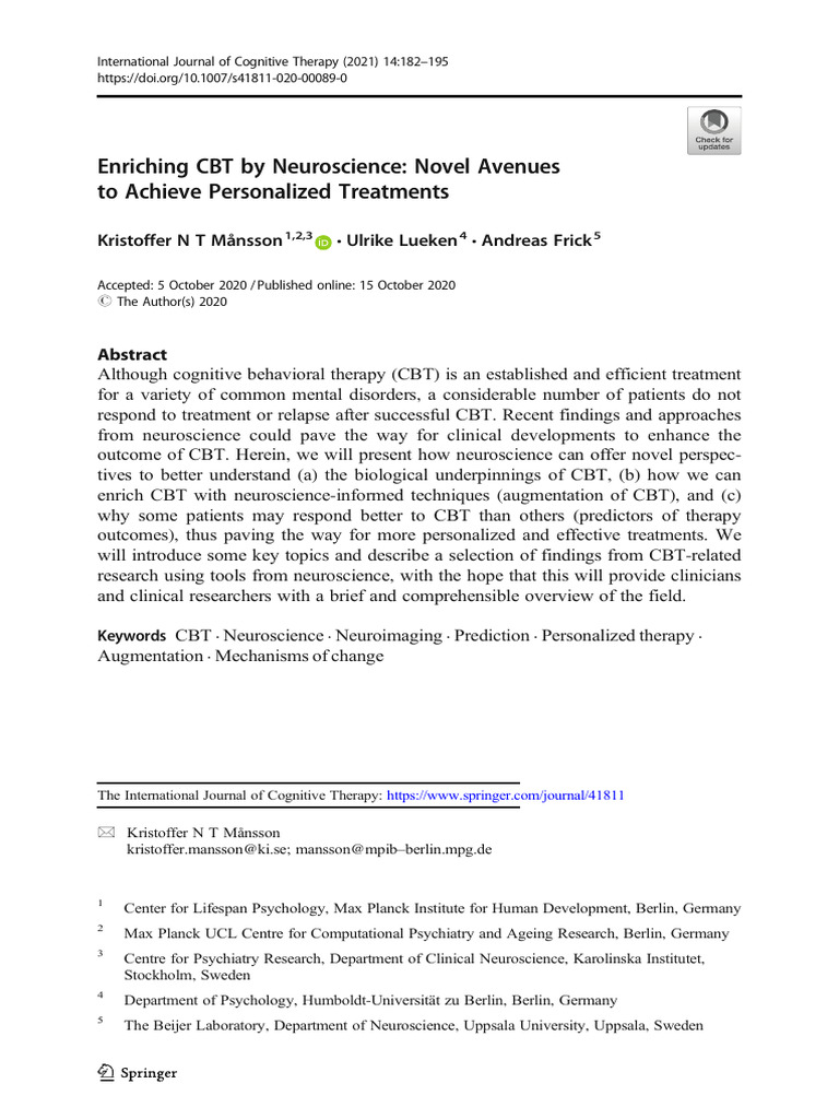 Enriching CBT by Neuroscience - Novel Avenues To Achieve Personalized ...
