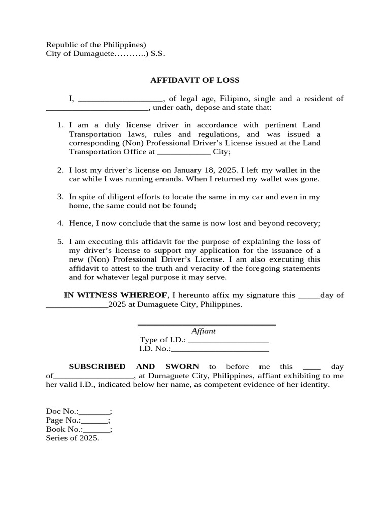 Sample Affidavit of Loss - Driver's License | PDF