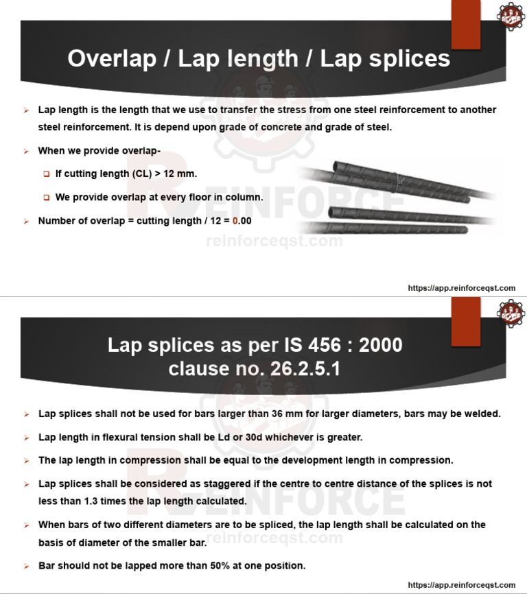 Rebar Lap Splice Guidelines per IS 456:2000 | PDF