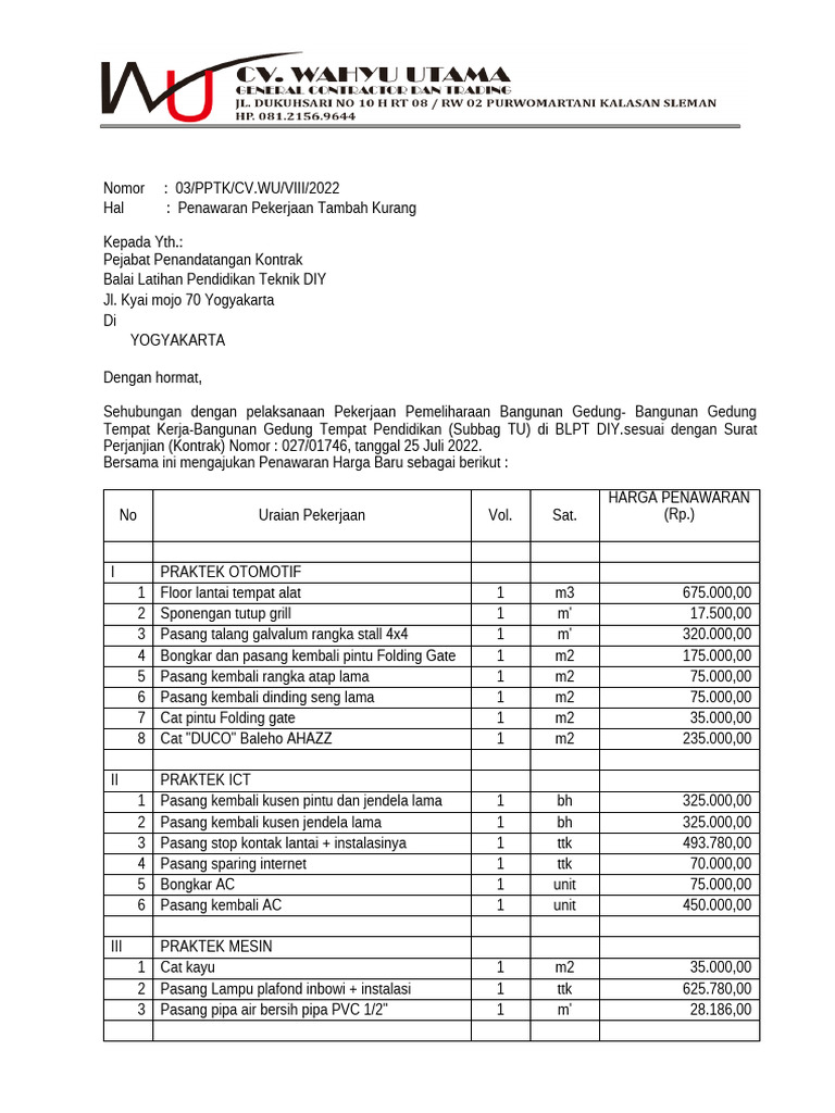 Surat Penawaran Pekerjaan Kontraktor | PDF