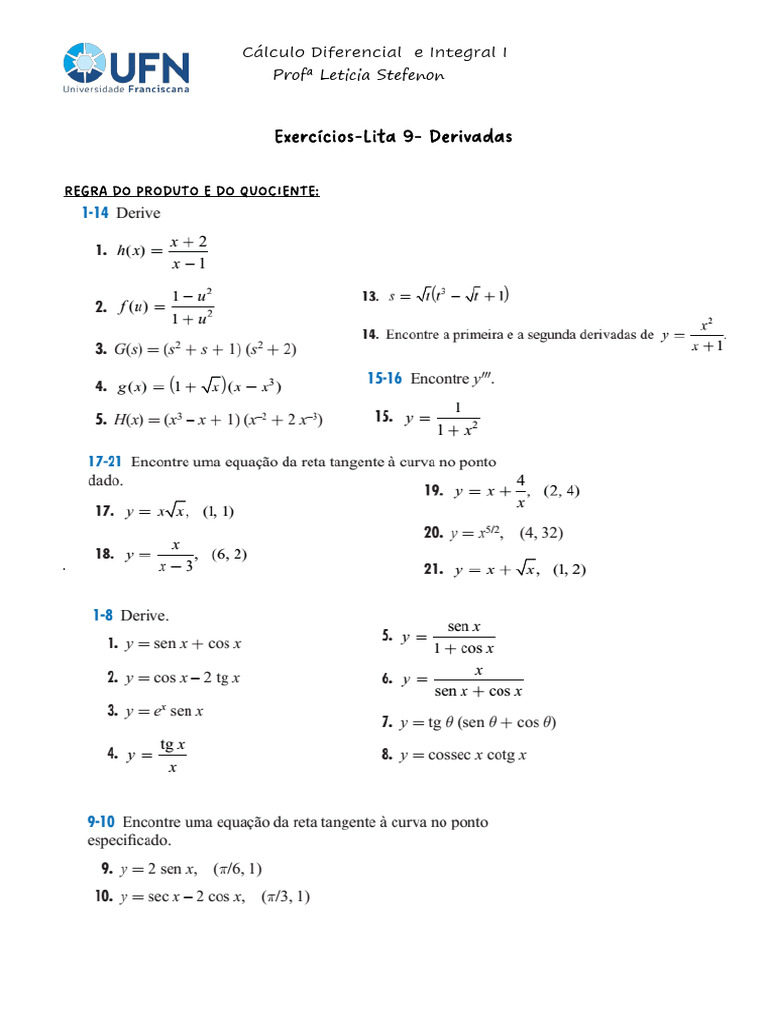 Lista 9 Exercícios-Derivadas- MAT | PDF