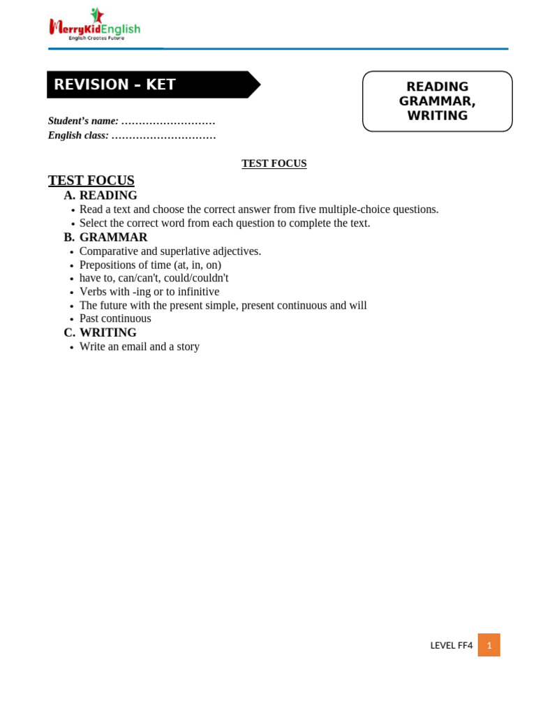 KET_REVISION-PROGRESS TEST 1 (Re, Wri, Gra, Vocab) | PDF