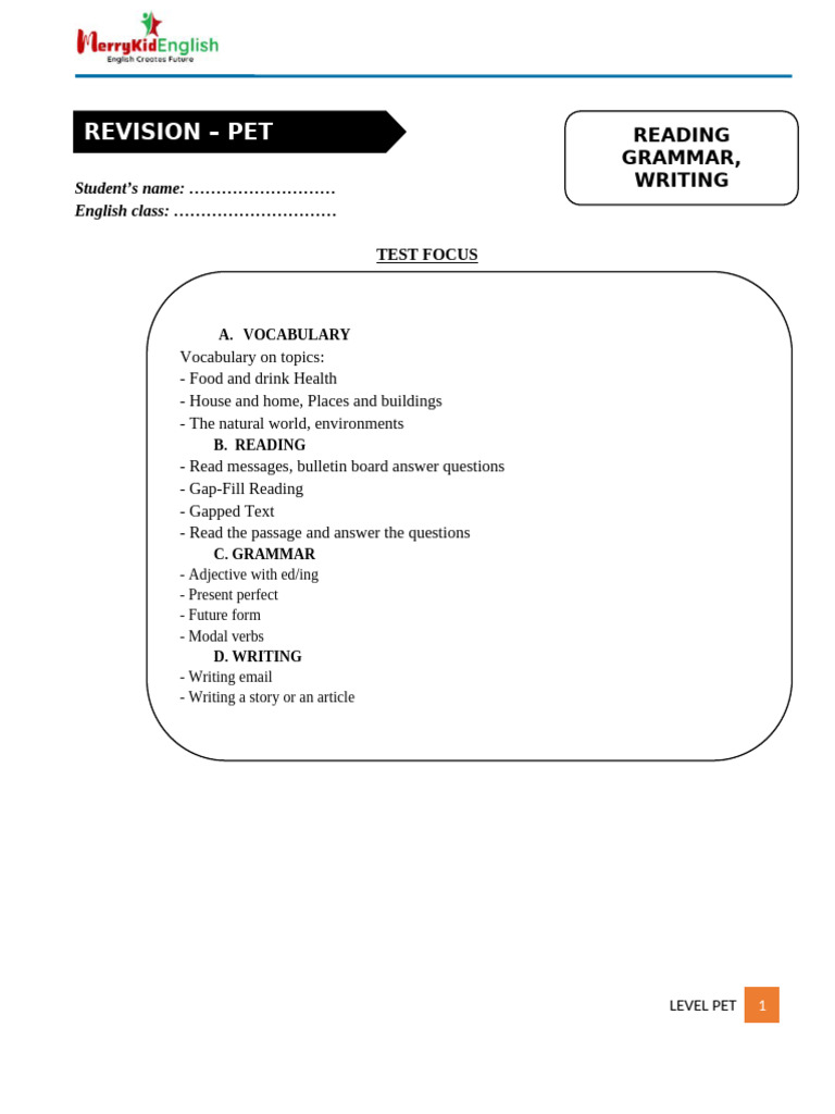 PET - REVISION-PROGRESS TEST 1 (Re, Wri, Gra, Vocab) | PDF