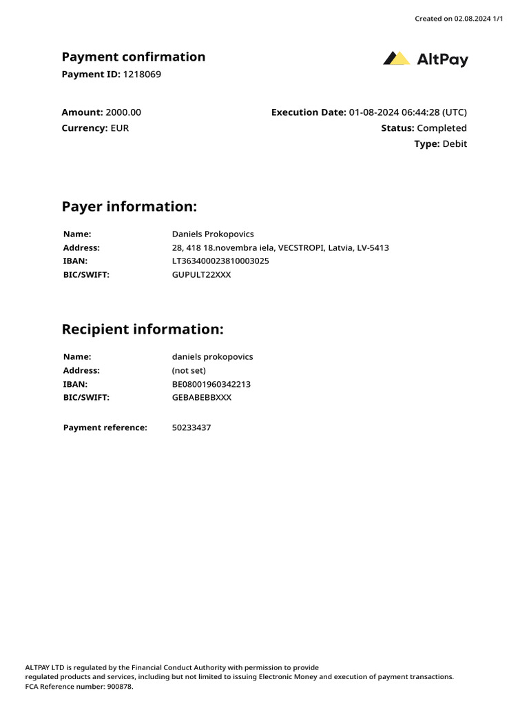 FCA Regulated Payment Confirmation | PDF