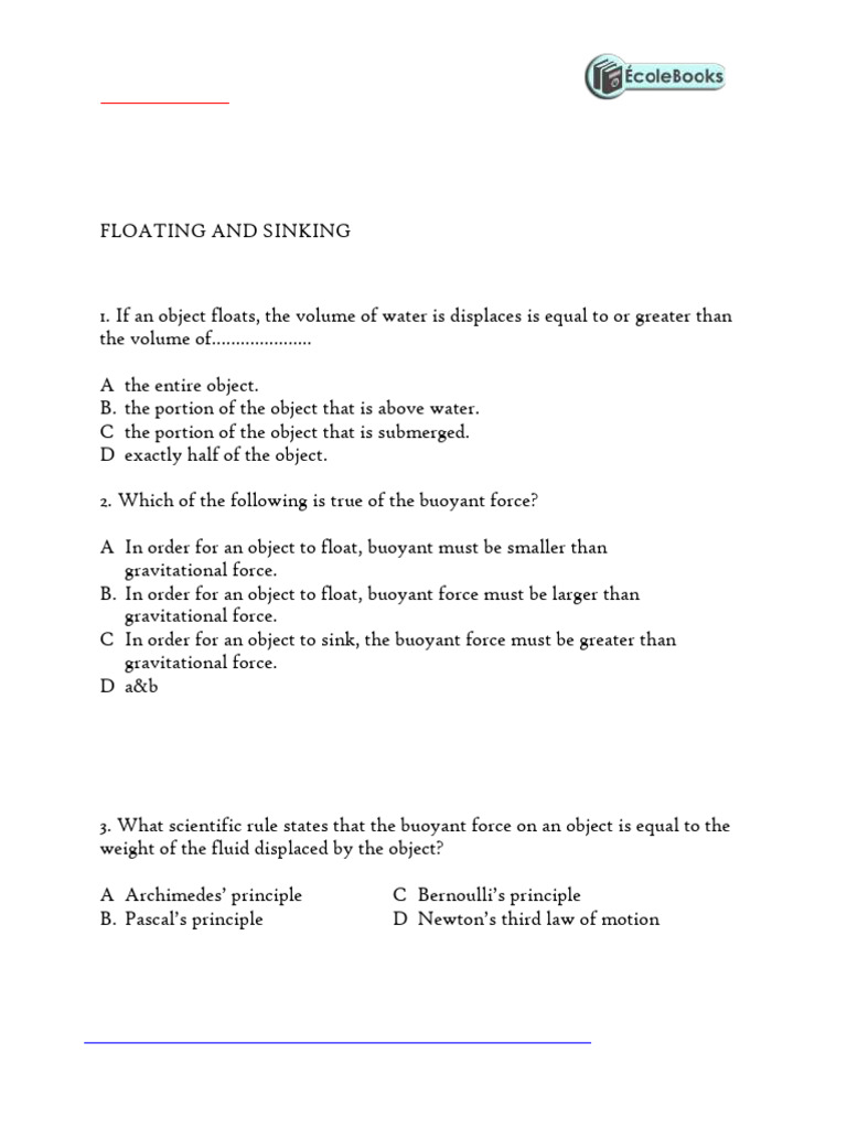 Form 4 Topic 33. Floating and Sinking Questions | PDF | Buoyancy ...