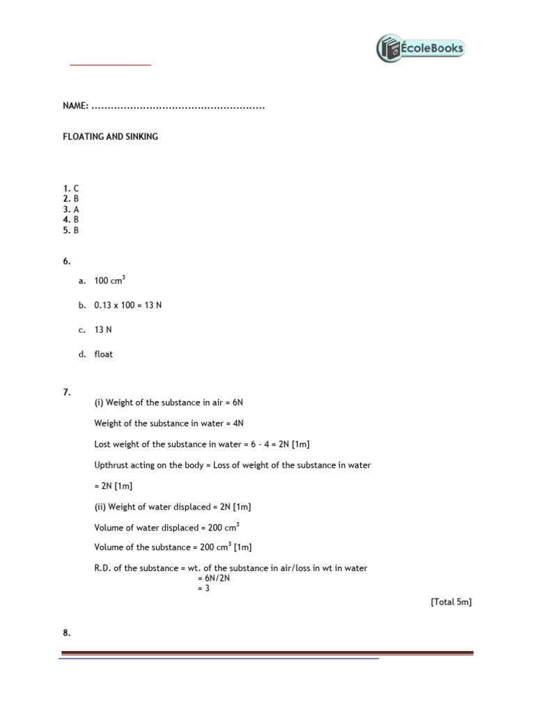 Form 4 Topic 33. Floating and Sinking Answers | PDF