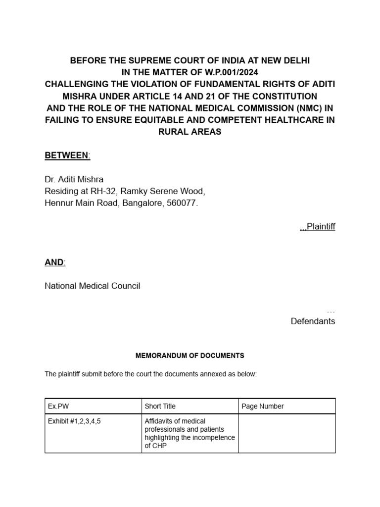 Memo of Documents - Plaintiffs | PDF | Affidavit | Health Care