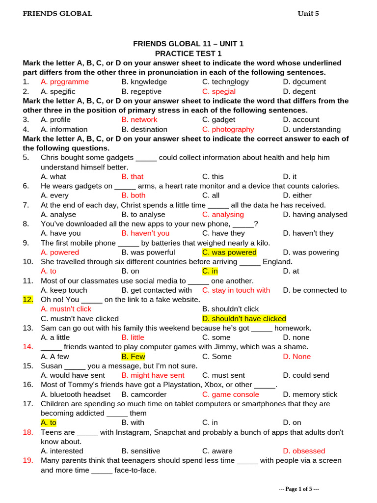 Friends Global Unit 5 Practice Test | PDF | Contact Lens | Glasses