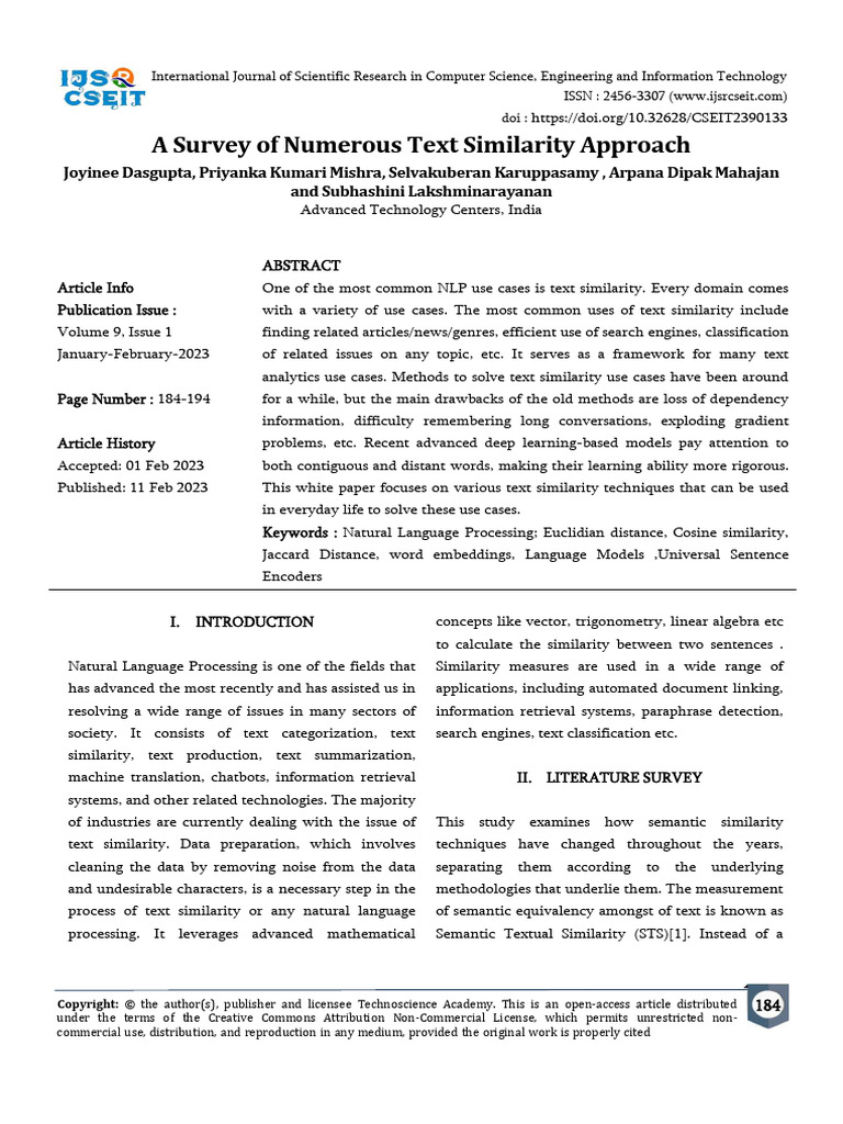 A Survey of Numerous Text Similarity Approach | PDF | Applied Mathematics