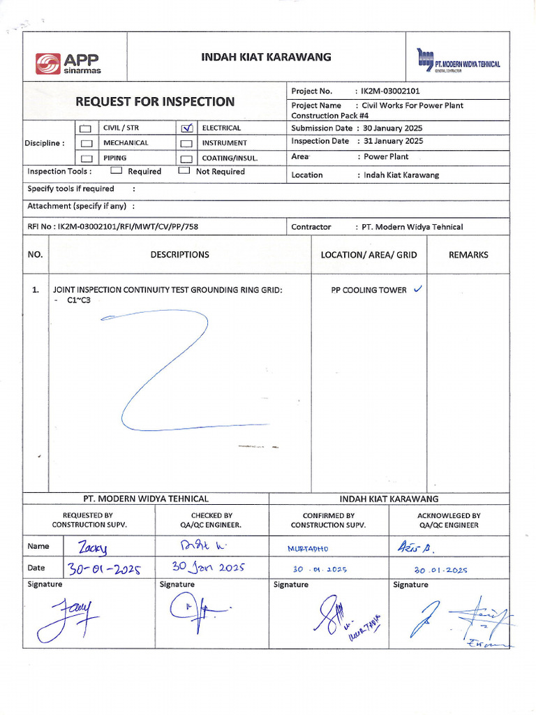 Joint Inspection Continuity Test Grounding Ring Area Cooling Tower | PDF