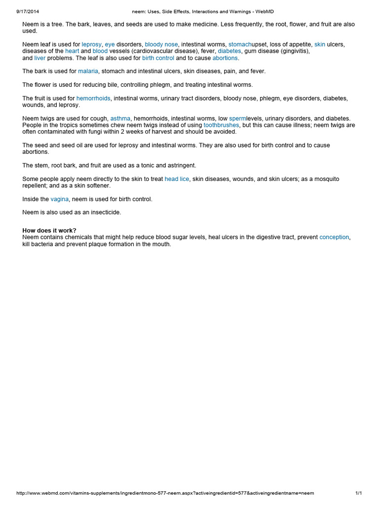 neem_ Uses, Side Effects, Interactions and Warnings - WebMD | PDF
