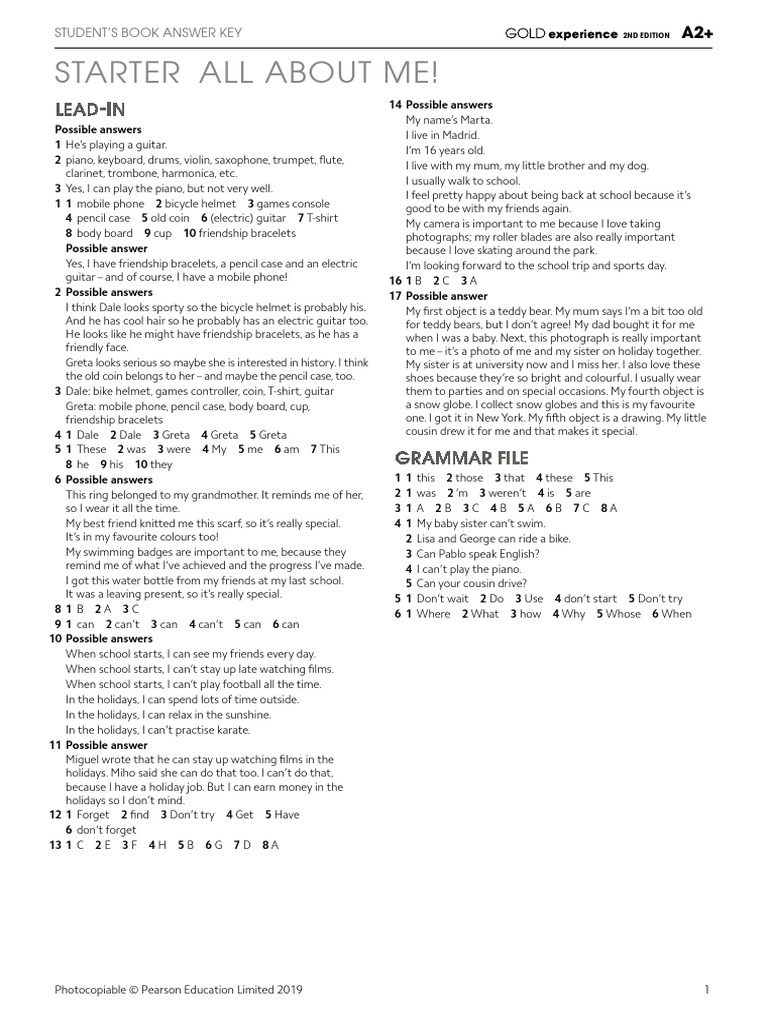 Gold Experience A2+ Answer Key | PDF | Noun