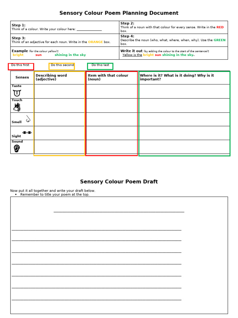 Sensory Colour Poem Planning Document | PDF