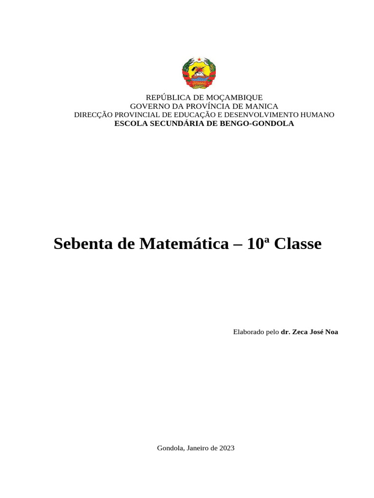 Sebenta de Matematica - 10 Classe - Ano 2023 - Docente Zeca Noa | PDF ...