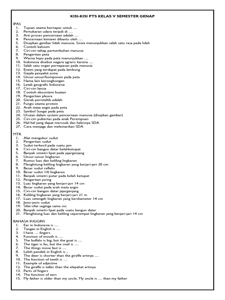 KISI-KISI PTS KELAS V SEMESTER GENAP | PDF