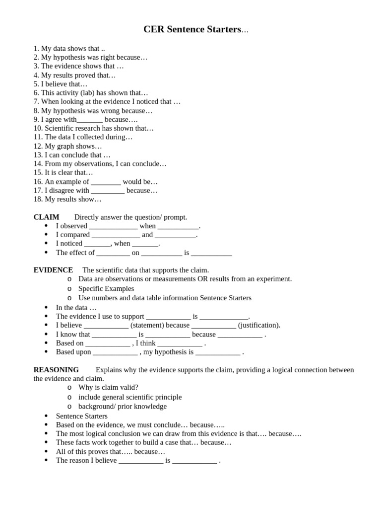 CER Sentence Starters | PDF