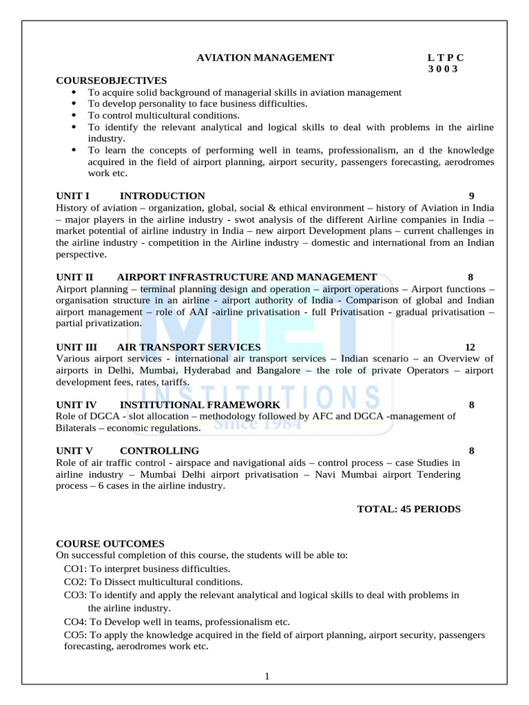 Aviation Management (Open Elective) Jayanth.k | PDF | Airport | Aviation