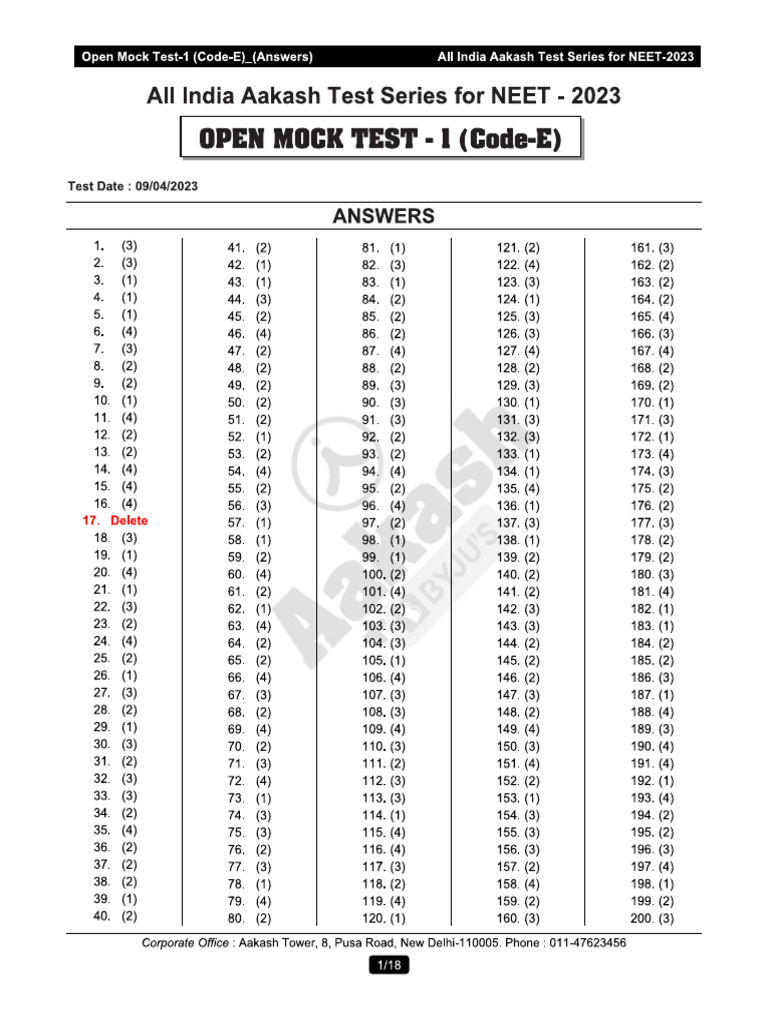 AIATS Medical RM Open Mock Test-1 Code-E&F Solution 09.04.2023 | PDF