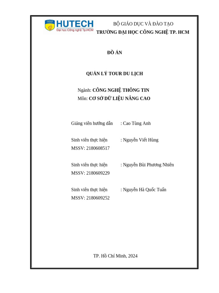 Nhom4 QuanlyTourdulich CSDLNC C5 | PDF