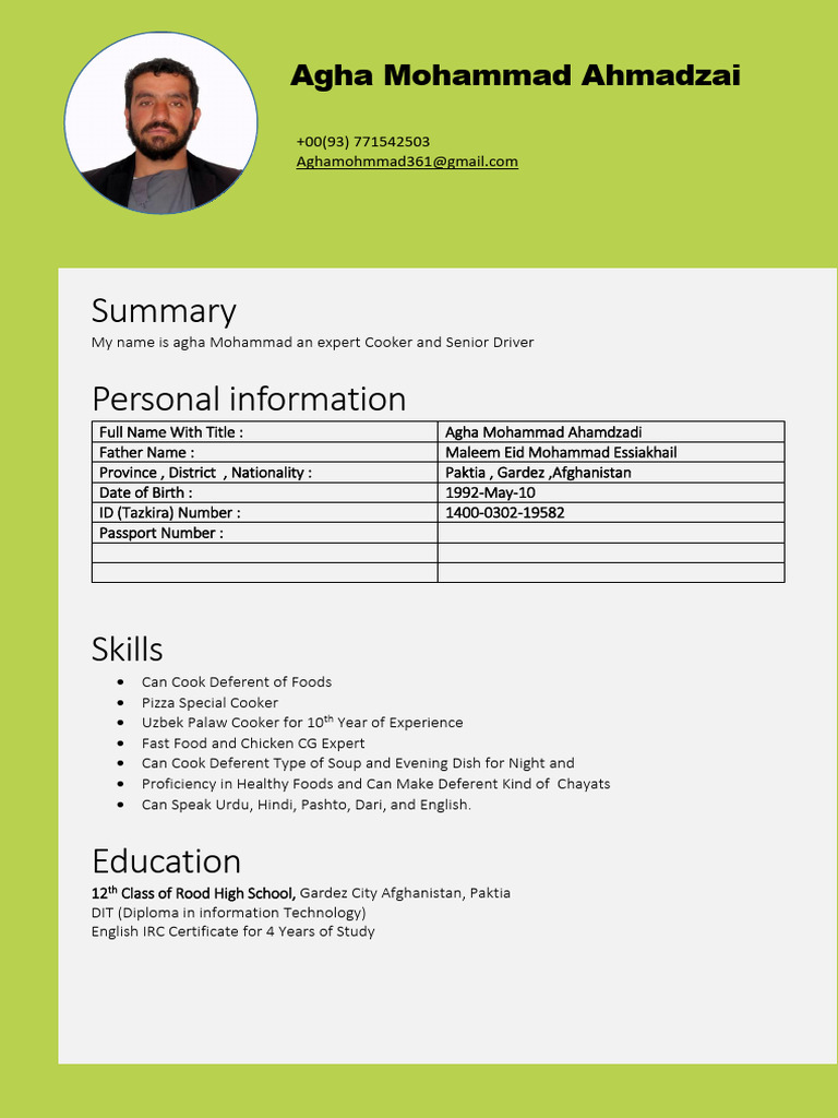 Personal Information: Agha Mohammad Ahmadzai | PDF