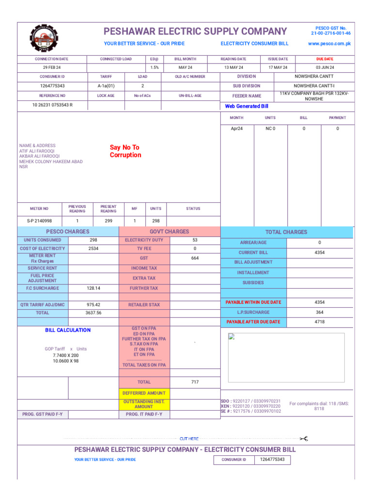 May, 2024 Atif Pesco Bill | PDF | Taxes | Fee