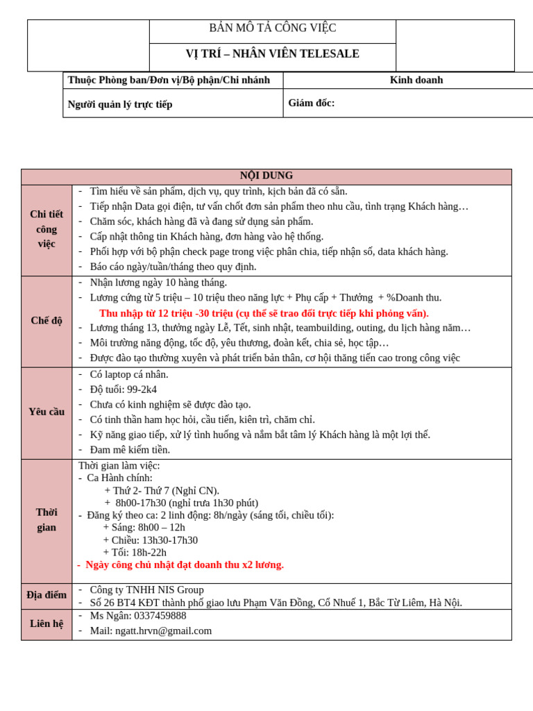 MTCV JD VỊ TRÍ TELESALE NIS GROUP | PDF