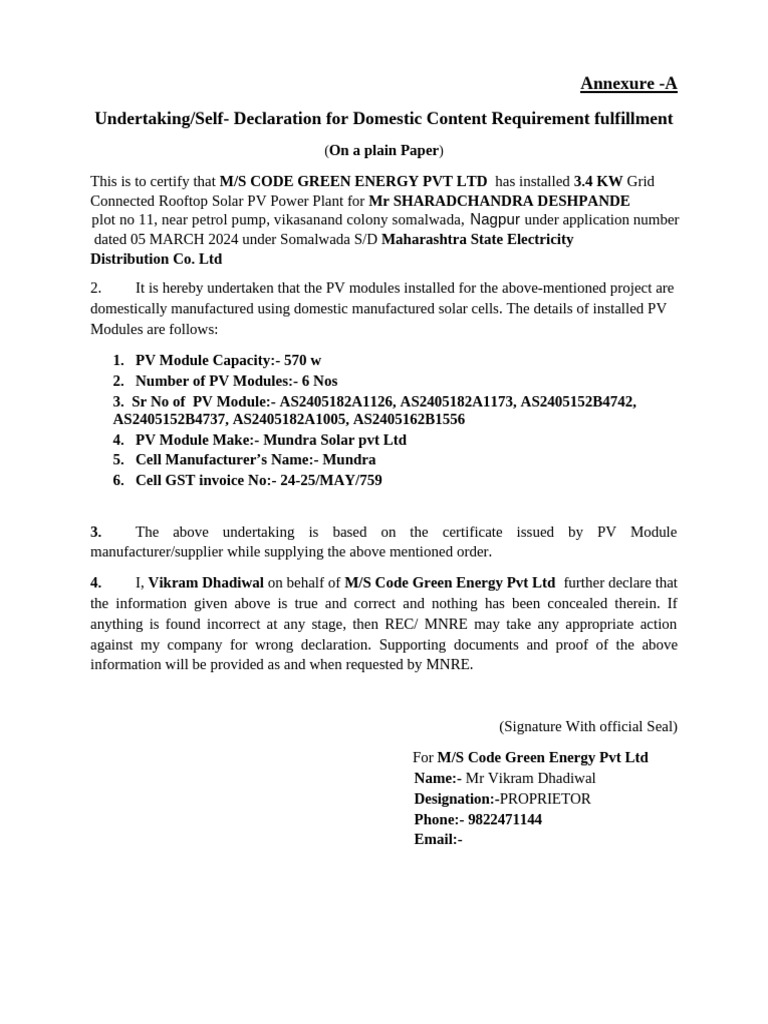 Declaration For DCR-Annexure A SD | PDF | Photovoltaics | Photovoltaic System