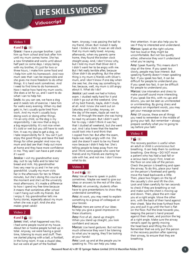 PR A2plus B1 Life Skills Videos Videoscript | PDF
