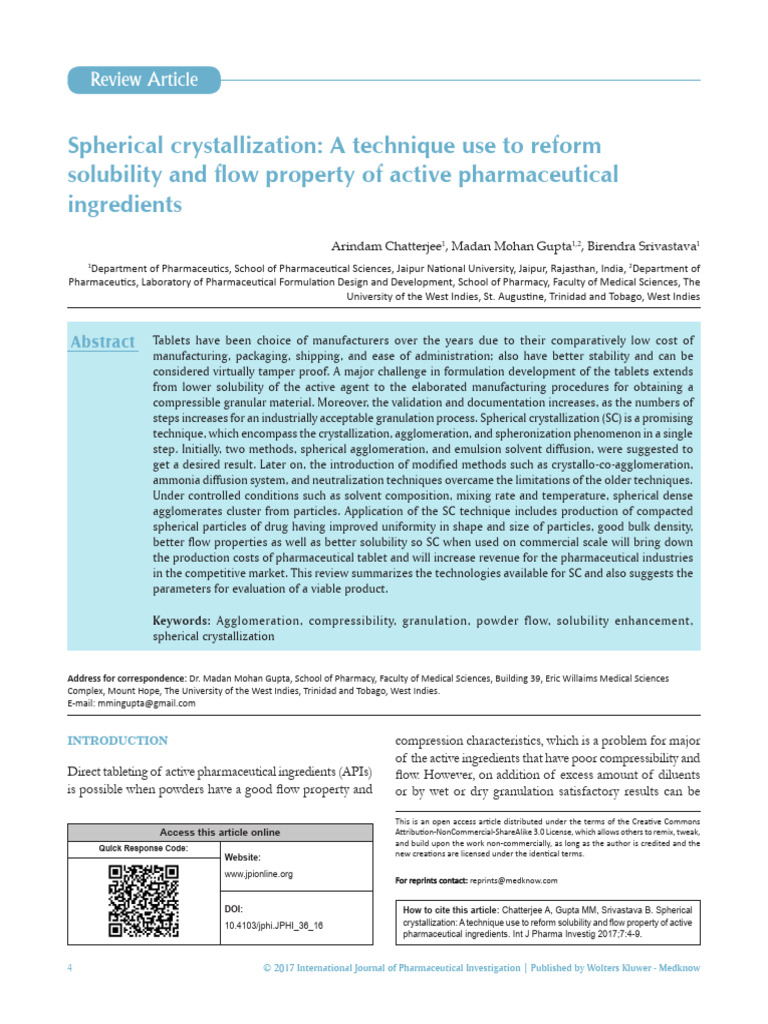 Spherical Crystallization - A Chatterjee | PDF | Tablet (Pharmacy ...