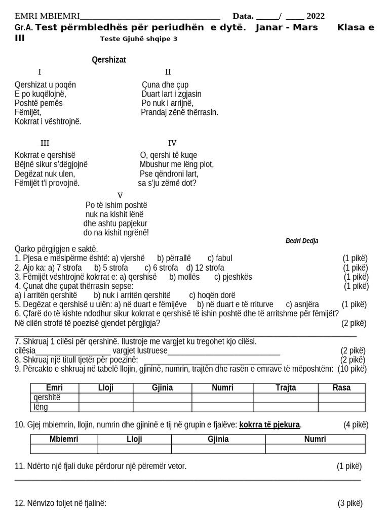 TESTIM Gjuhë Shqipe 3 Për Periudhën e Dytë | PDF