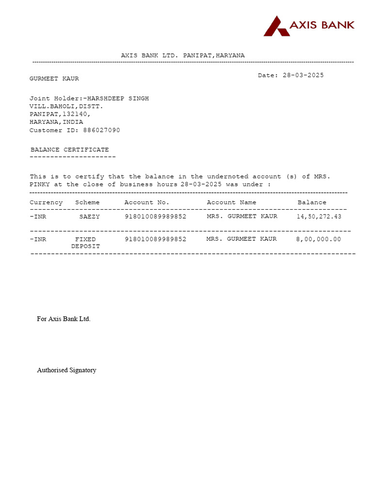 Axis Bank Balance Certificate | PDF