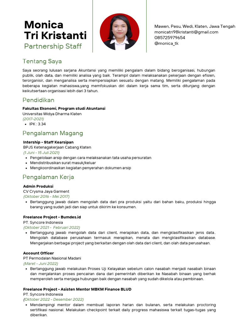 Curriculum Vitae - Monica Tri Kristanti | PDF