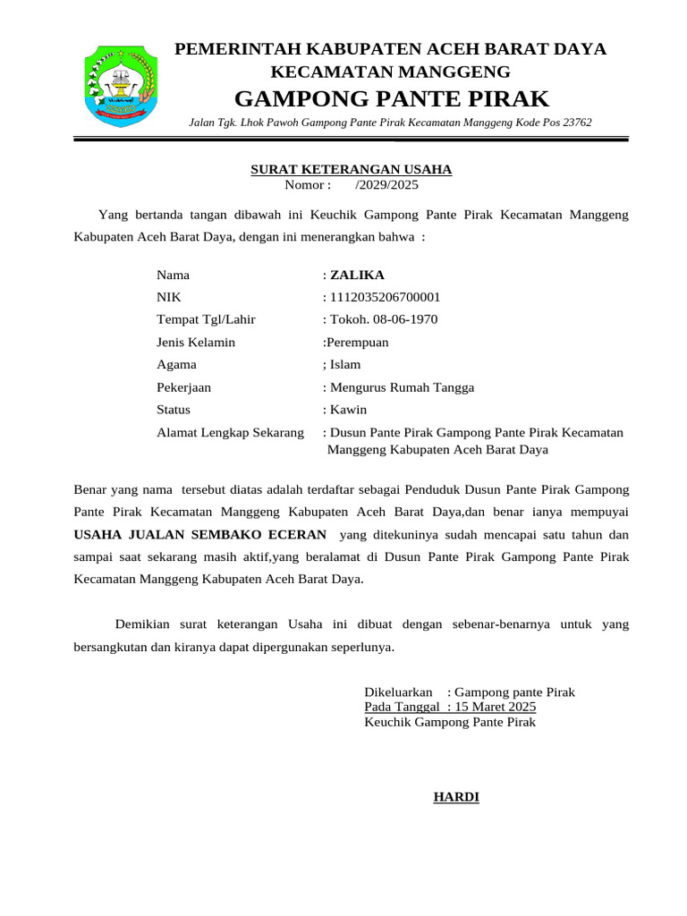 Surat Keterang Usaha - Zalika | PDF