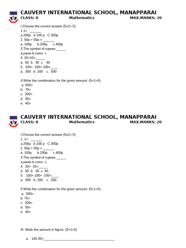 Class II Mathematics Worksheet | PDF